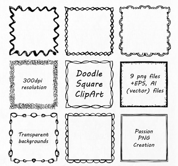 Doodle Square Clipart Hand Drawn Square Frames Clip Art PNG | Etsy