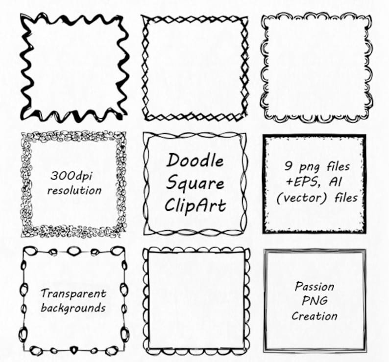 Doodle Square Clipart Hand Drawn Square Frames Clip Art PNG - Etsy