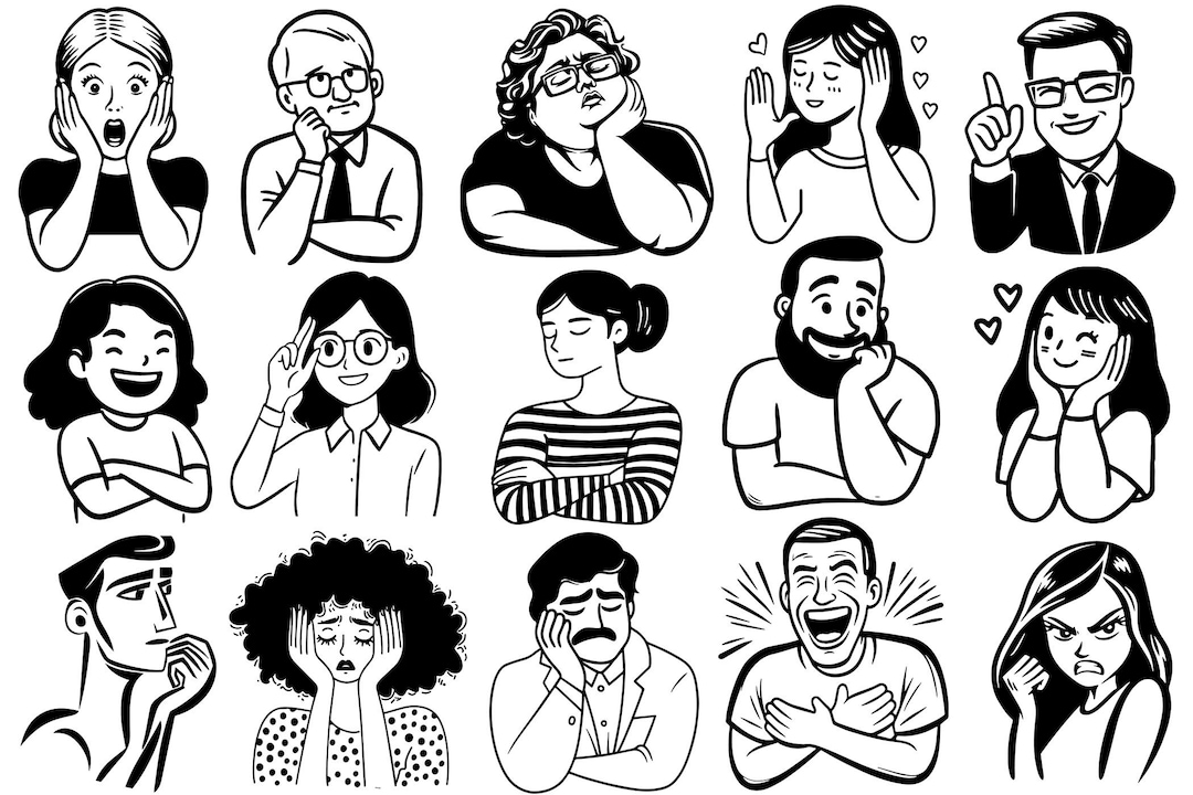 Emotions Clipart Bundle, Black and White Line Art, Hand-drawn ...