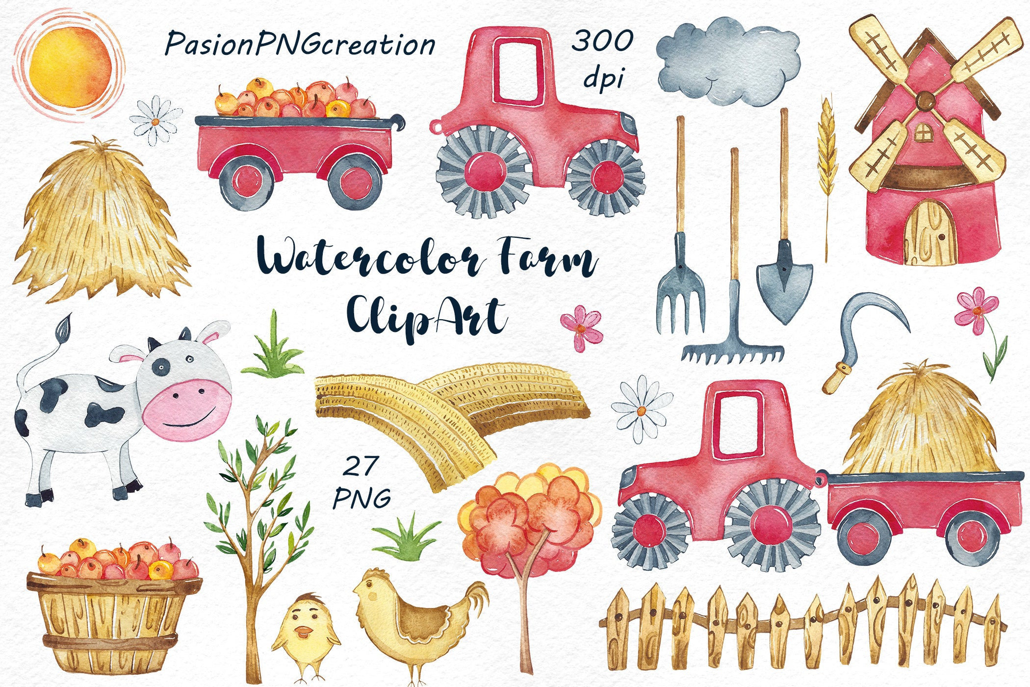 Watercolor Farm Clipart Watercolour Farm Clip Art Mill - Etsy