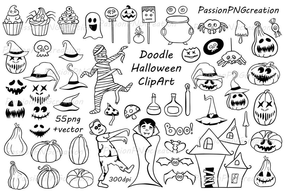 Doodle Halloween Clipart Halloween Collection Png Vector | Etsy