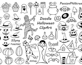 Spooky Halloween Doodle Clipart Set Skulls Monsters - Etsy