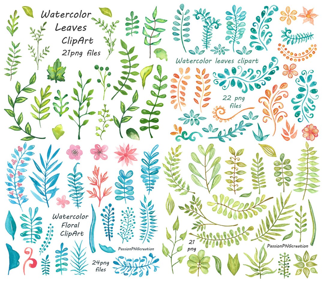 BIG SET! 88 Watercolor Leaves Clipart, Png, Watercolour Clipart ...