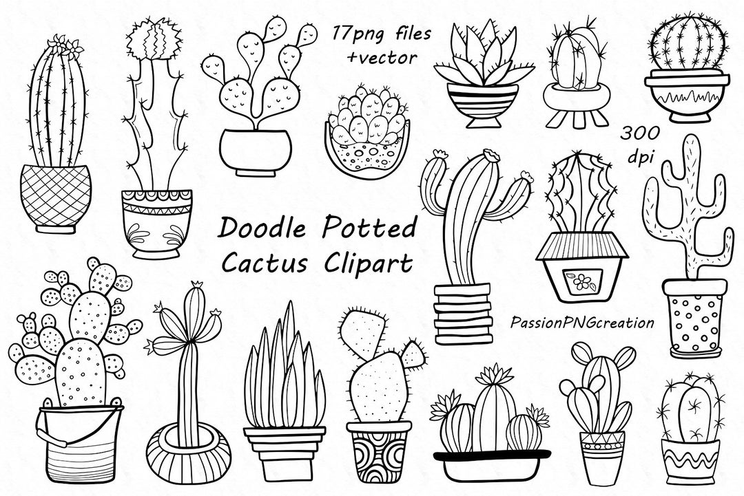 Doodle Potted Cactus Clipart, Hand Drawn House Plant, PNG, Vector ...