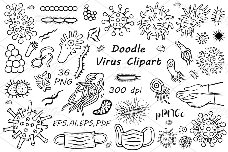 Doodle Bacteria and Virus Clipart, Png, Eps Ai, Vector, Cvg, Doodle ...