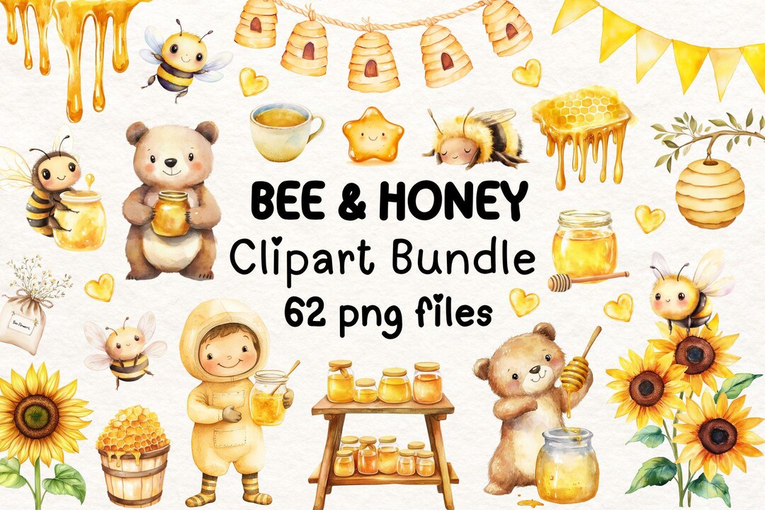 Bee and Honey Clipart Bundle, Cute Watercolor Bees, Honeycomb ...