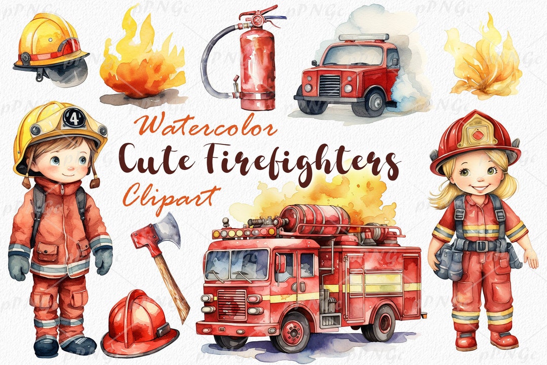Charming Firefighters Watercolor Clipart: PNG Files, Heroic & Adorable ...