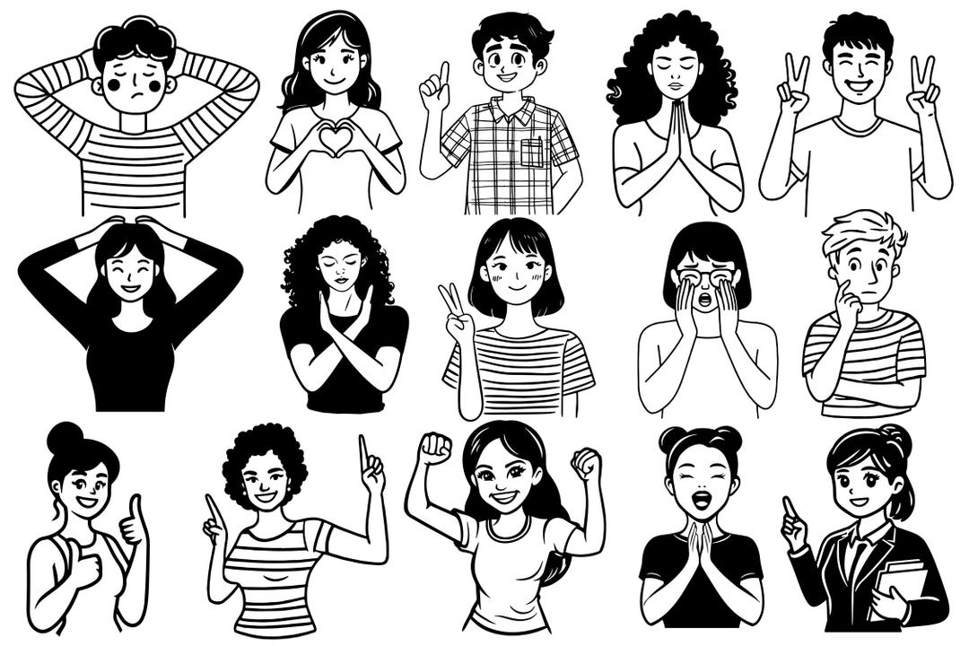 Emotions and Gestures Clipart - Bundle SVG Black and White Illustration ...