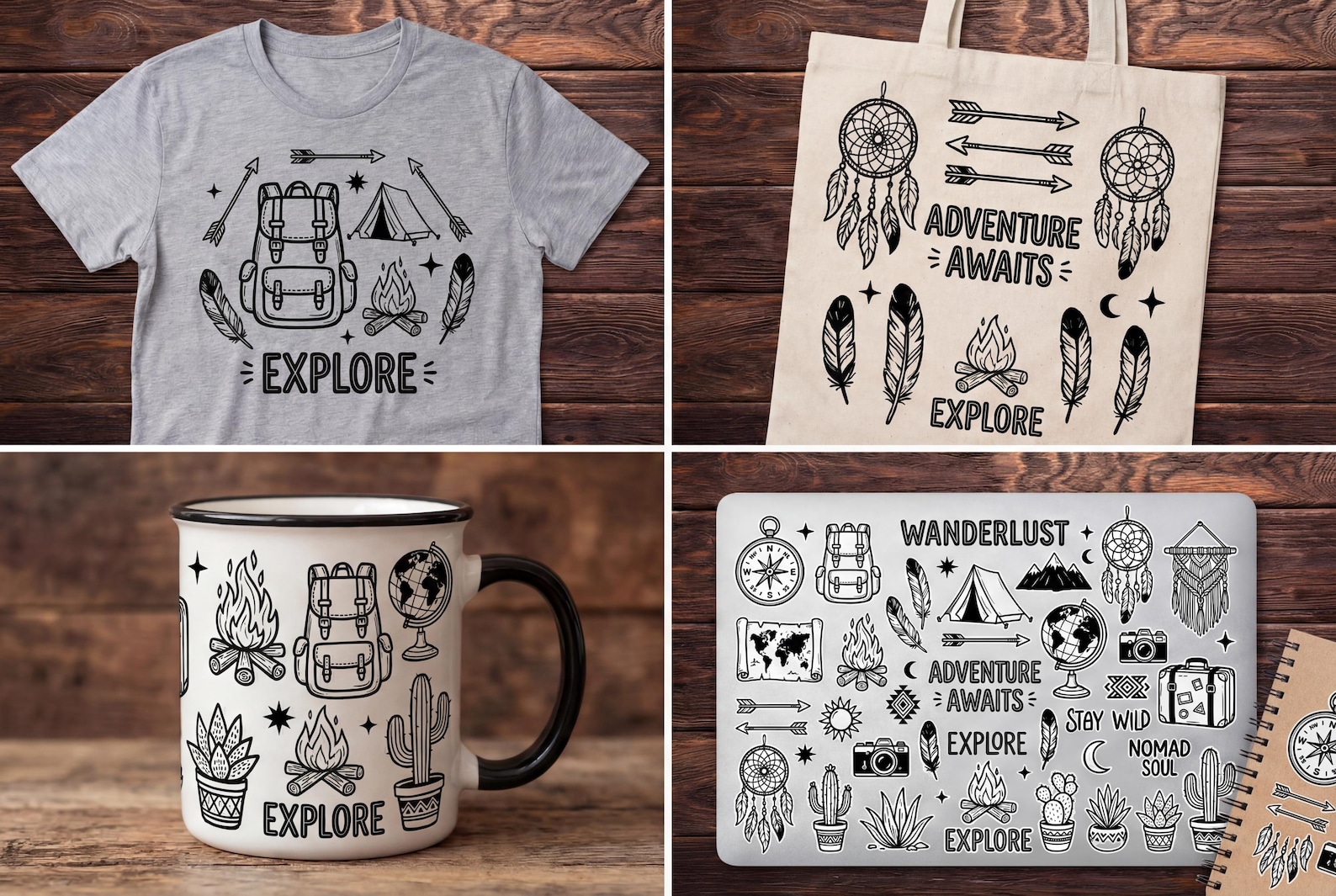 Wanderlust Travel Clipart, Adventure SVG Bundle, Boho Camping & Hiking ...