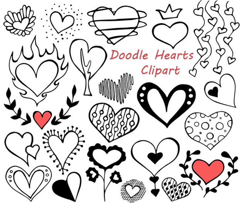 Doodle Hearts Clipart Set: 90 PNG, Vector EPS, AI Files (digital ...
