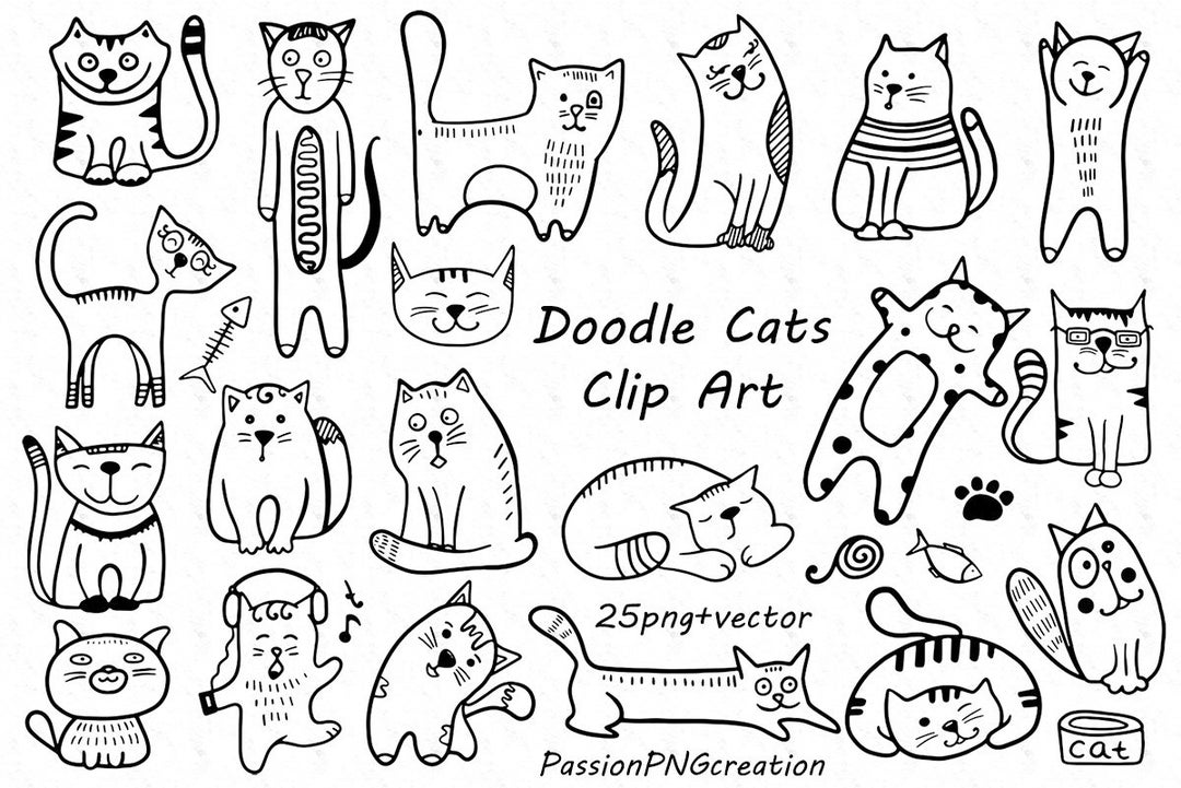 Doodle Cats Clipart, Digital Doodles Clip Art, Png, Eps, Ai, Vector ...