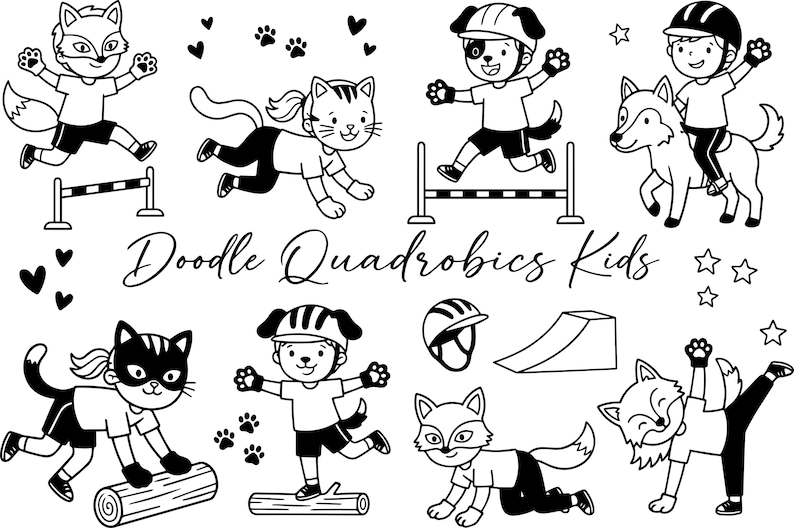 Quadrobics Kids Clipart SVG Bundle, Therian Animal Doodle Line Art, Fox ...