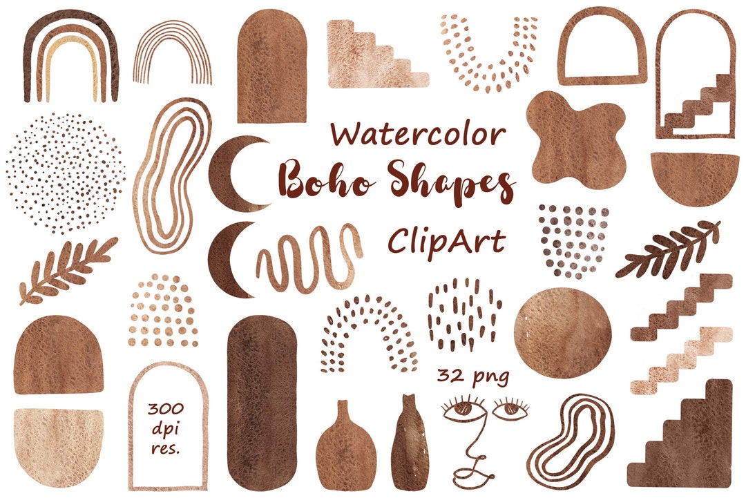 Watercolor Boho Shapes Clipart, Abstract Elements PNG, Modern Boho ...