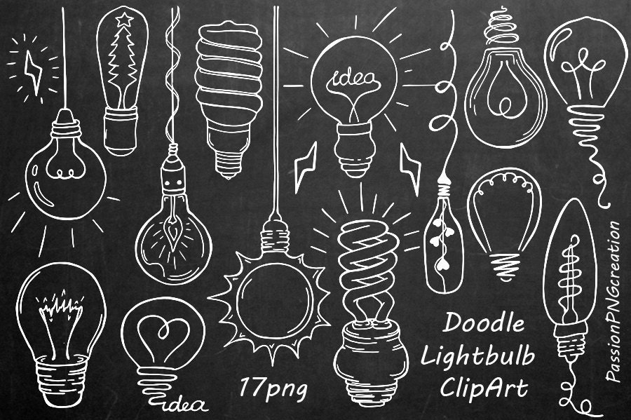 White Doodle Light Bulb Clipart hand drawn bulb clip art | Etsy