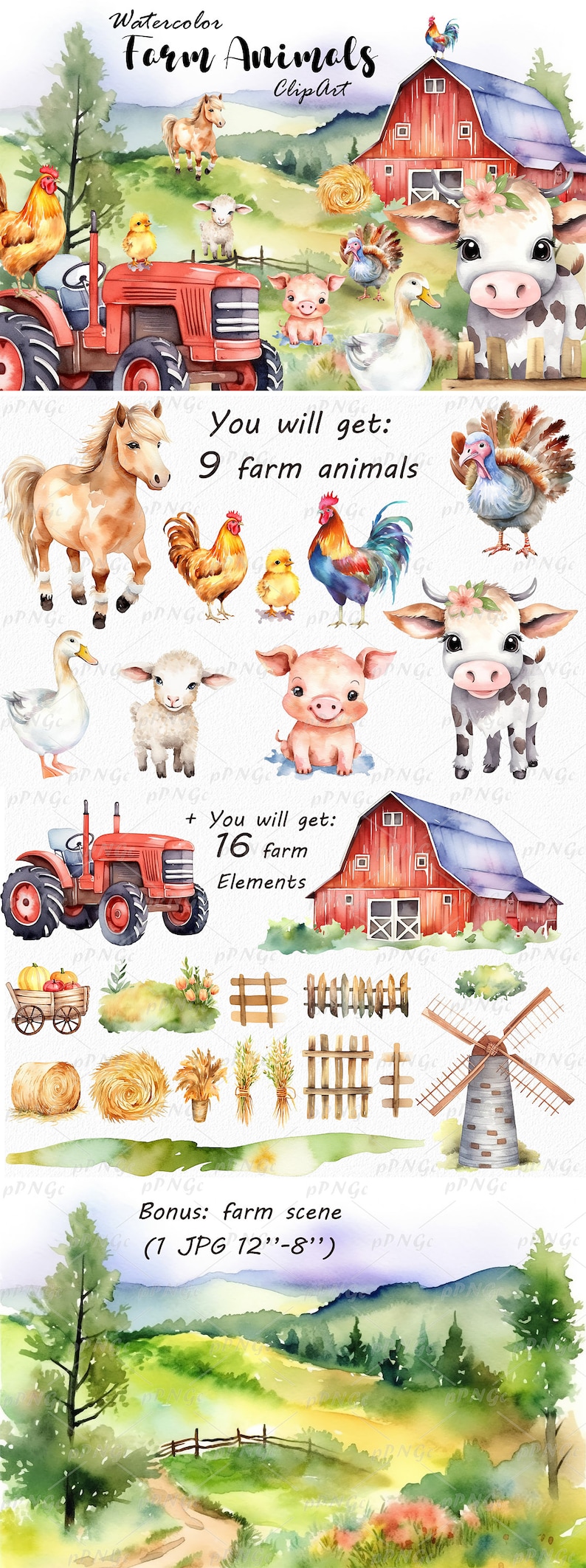 Watercolor Farm Animals Clipart: DIY Scrapbooking Elements (digital ...