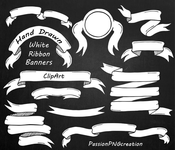 White Hand Drawn Ribbon Banners Clipart Doodle Clip Art - Etsy