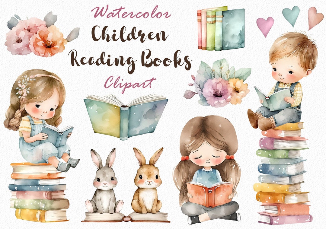 Watercolor Children Reading Books Clipart, Kids Love Books, Png Files ...