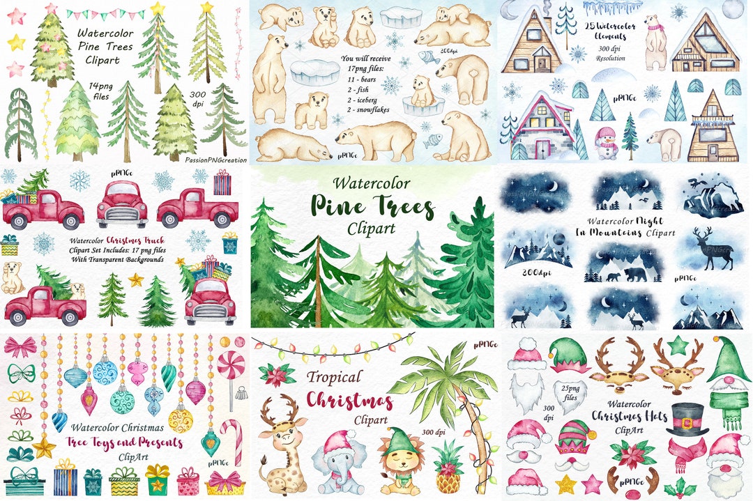 Winter Clipart Bundle, Watercolor Christmas Clip Art, Pine Trees ...
