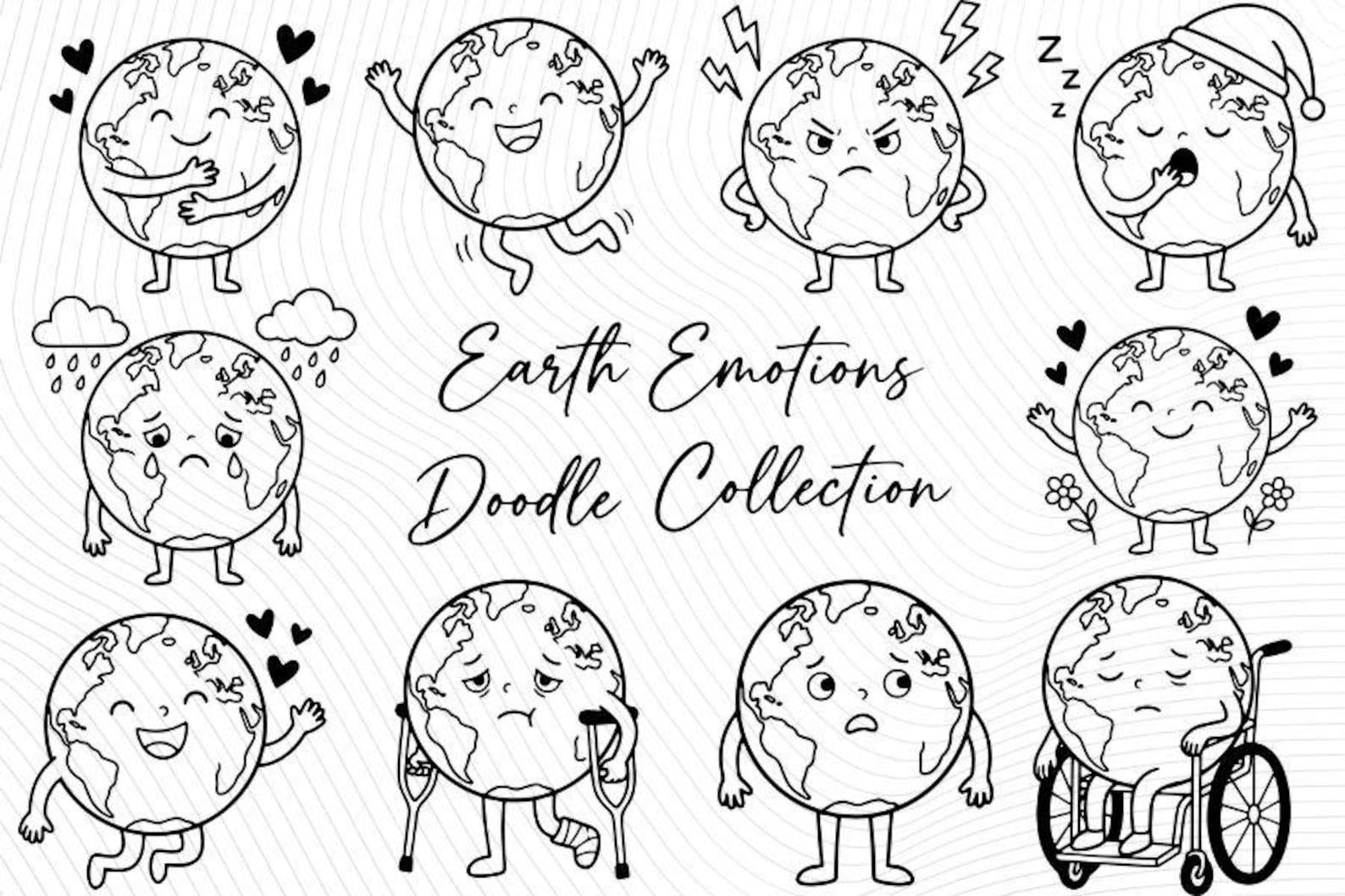 Earth Emotions Clipart SVG, Kawaii Planet Doodle PNG, Cartoon Globe for ...