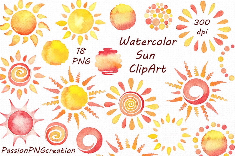 Watercolor Sun Clipart Digital Sun Clip Art Watercolour | Etsy