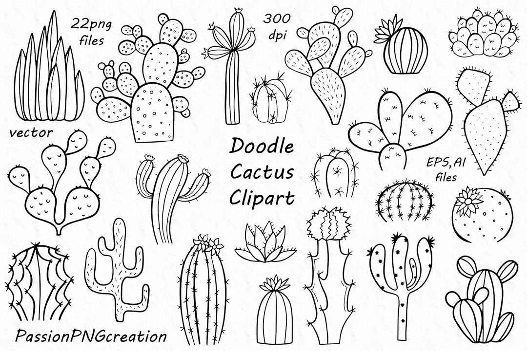 Doodle Cactus Clipart, Digital Cacti Clip Art, Png, Eps, Ai, Vector ...