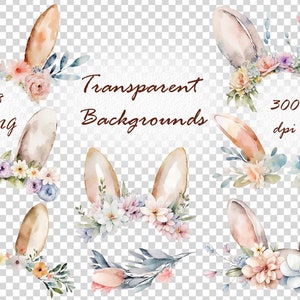 Easter Bunny Ears Clipart, Watercolor Spring Holyday Rabbit, Flowers ...