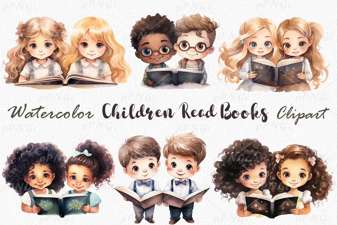 Watercolor Children Reading Books Clipart, Kids Love Books, Png Files ...