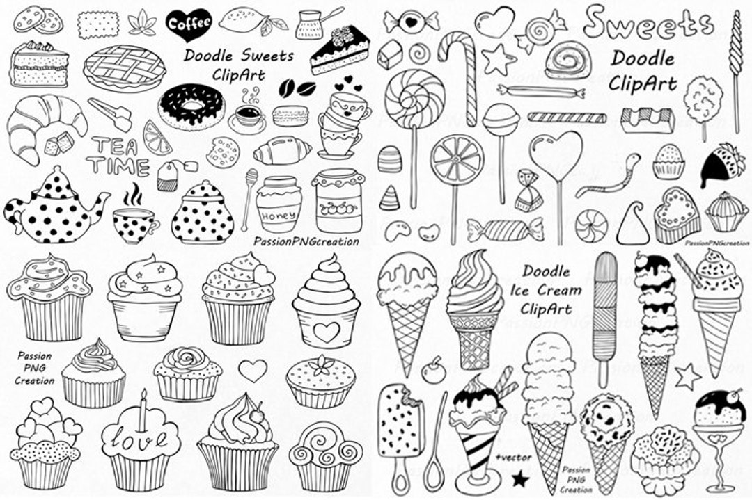 Big Set of Doodle Sweets Clipart,tea Time Clip Art, Dessert Doodles ...