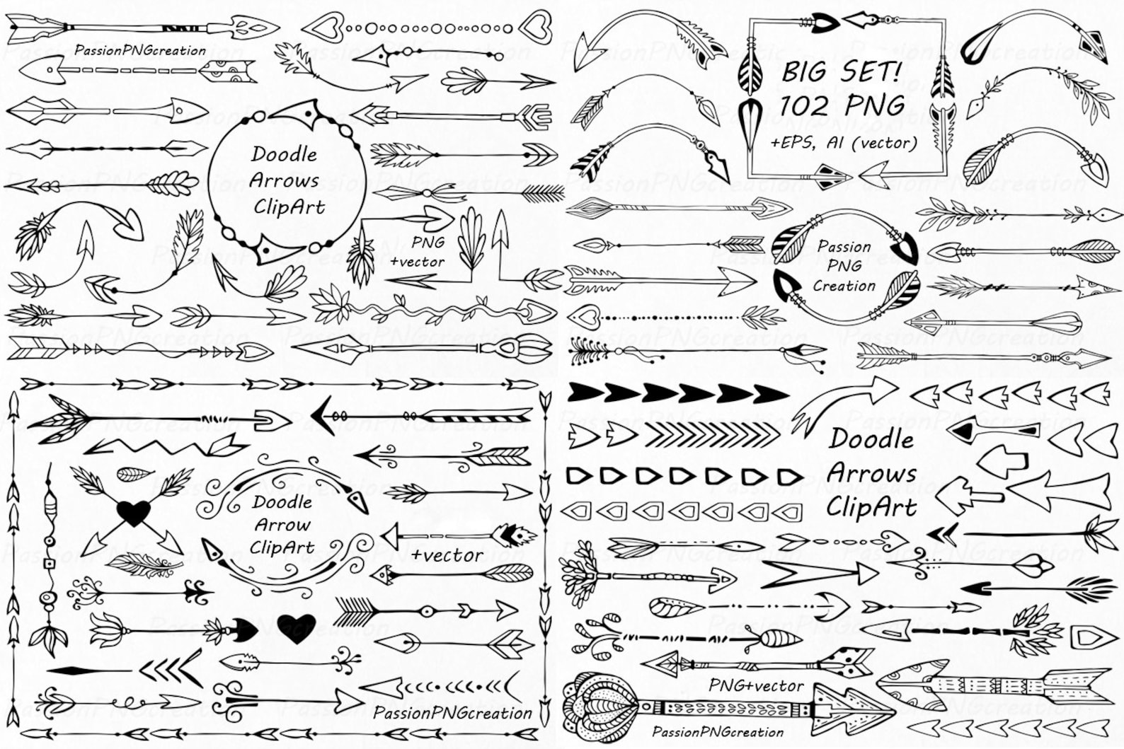 Big Set of Hand Drawn Arrows Clipart 102 PNG Doodle Arrow - Etsy