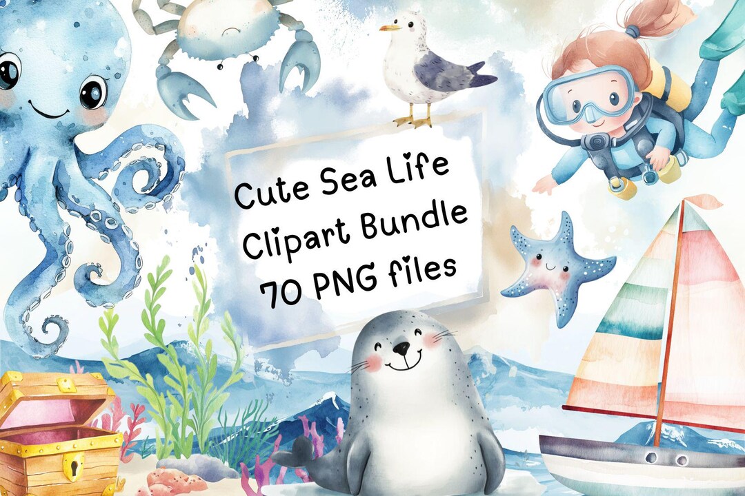 Cute Sea Life Clipart Bundle – 70 PNG, Ocean Animals, Watercolor Marine ...