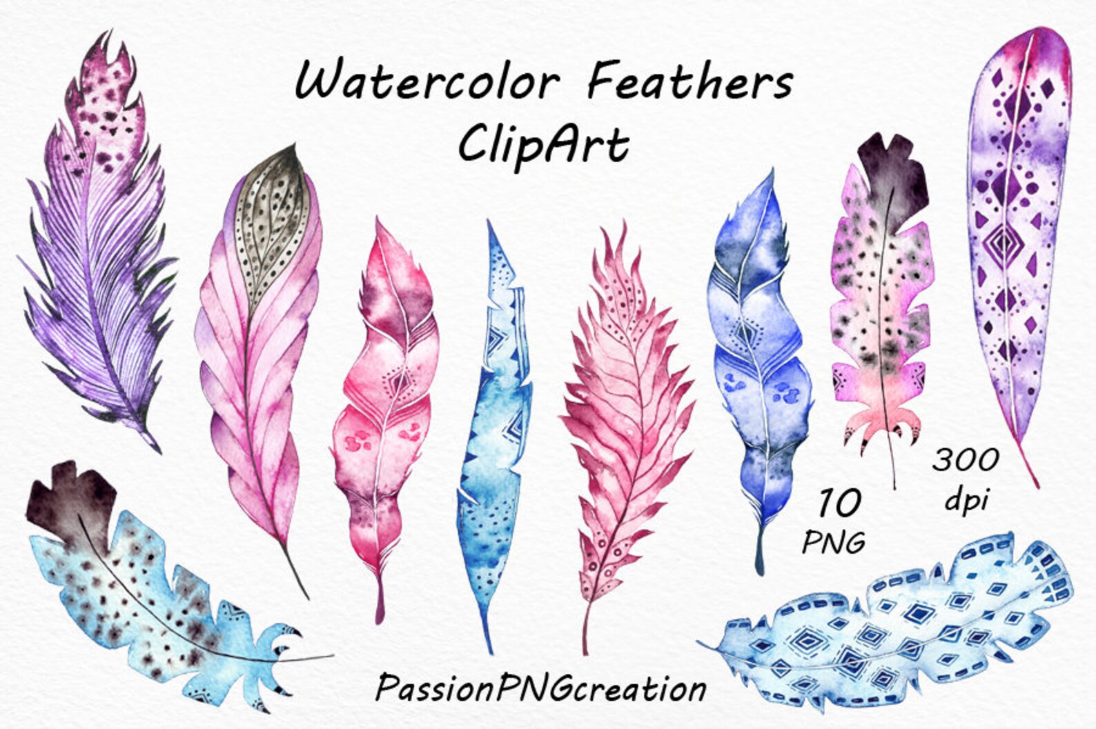 Watercolor Feather Clip Art: Frame & Seamless Pattern (digital) - Etsy