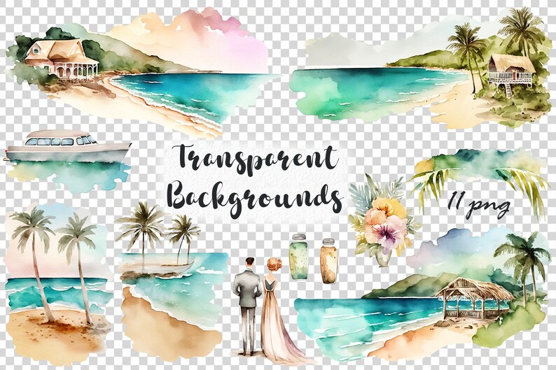 Watercolor Coastal Scene Clipart, Paradise Beaches, PNG Files, Tropical ...