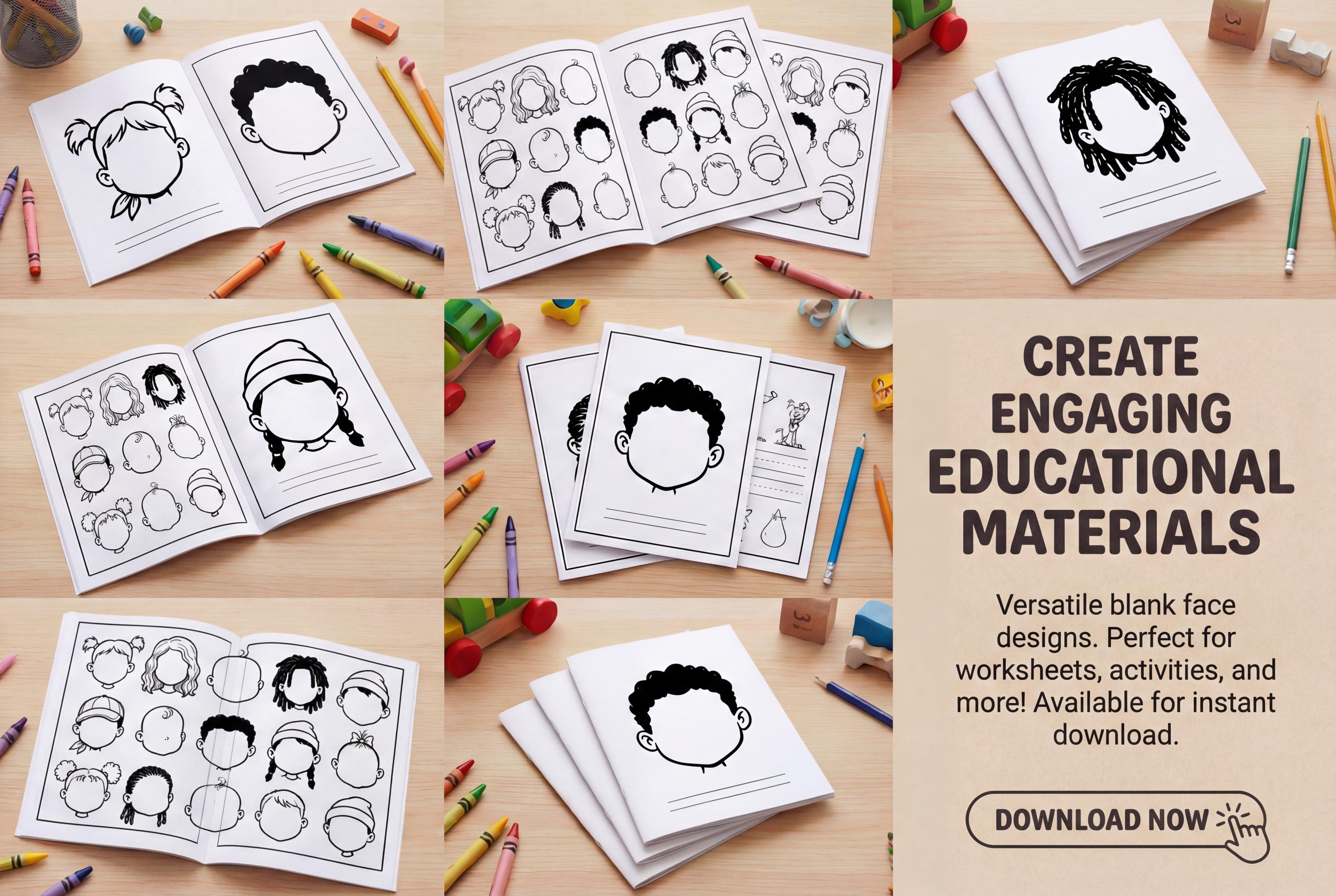 Diverse Kids Faces Clipart SVG Bundle, 15 Faceless Children Heads ...