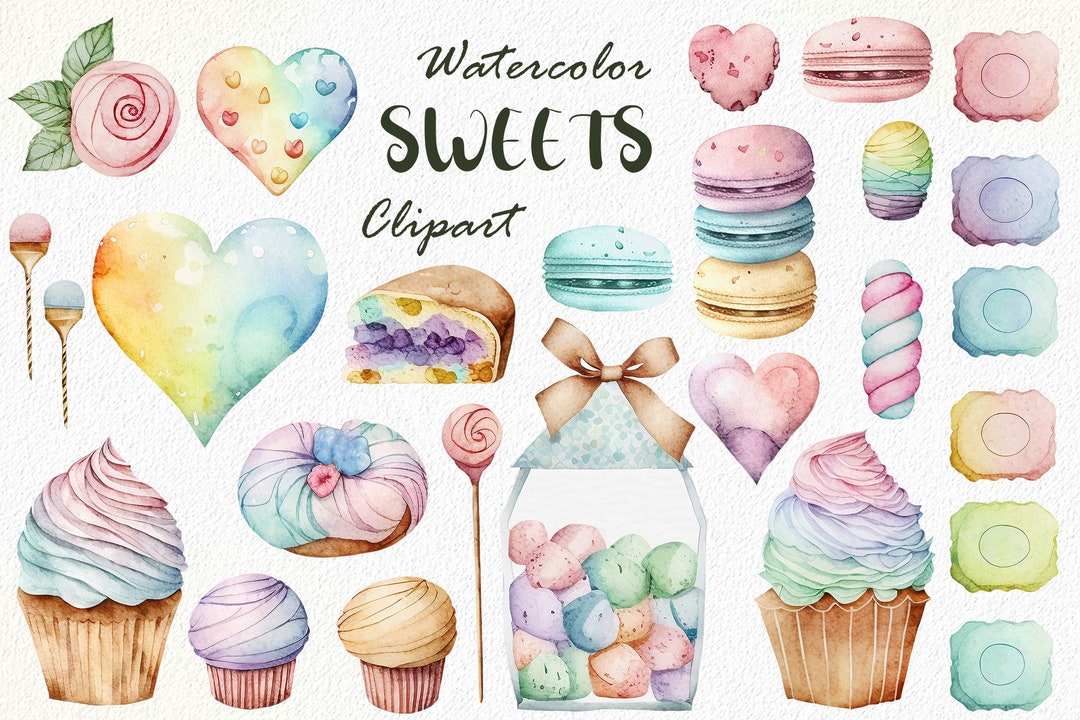 Watercolor Sweets Clipart, Desserts Digital Clipart, Cute Love Candy ...