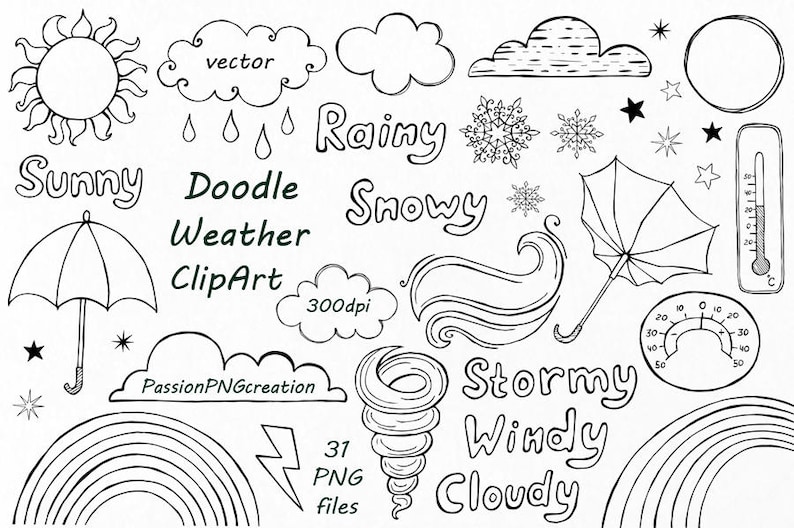 Doodle Weather Clipart: Hand-drawn Vector Graphics (PNG, EPS, AI) - Etsy