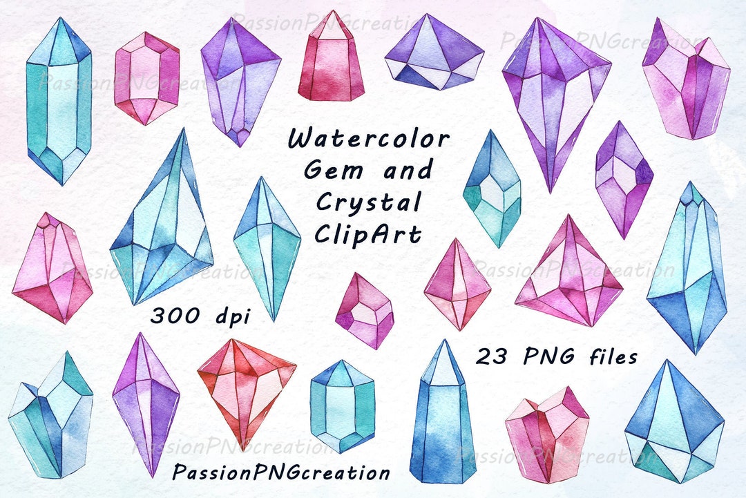 Watercolor Gem and Crystal Clipart Set, PNG, Watercolour Clip Art ...