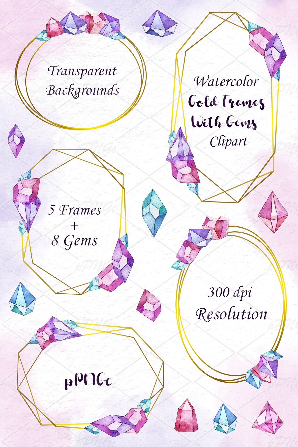 Watercolor Gold Frames With Gems Crystals Clipart PNG Files | Etsy