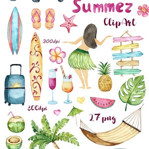 Watercolor Summer Clipart, Beach Clipart, Tropical Graphics, Printable ...