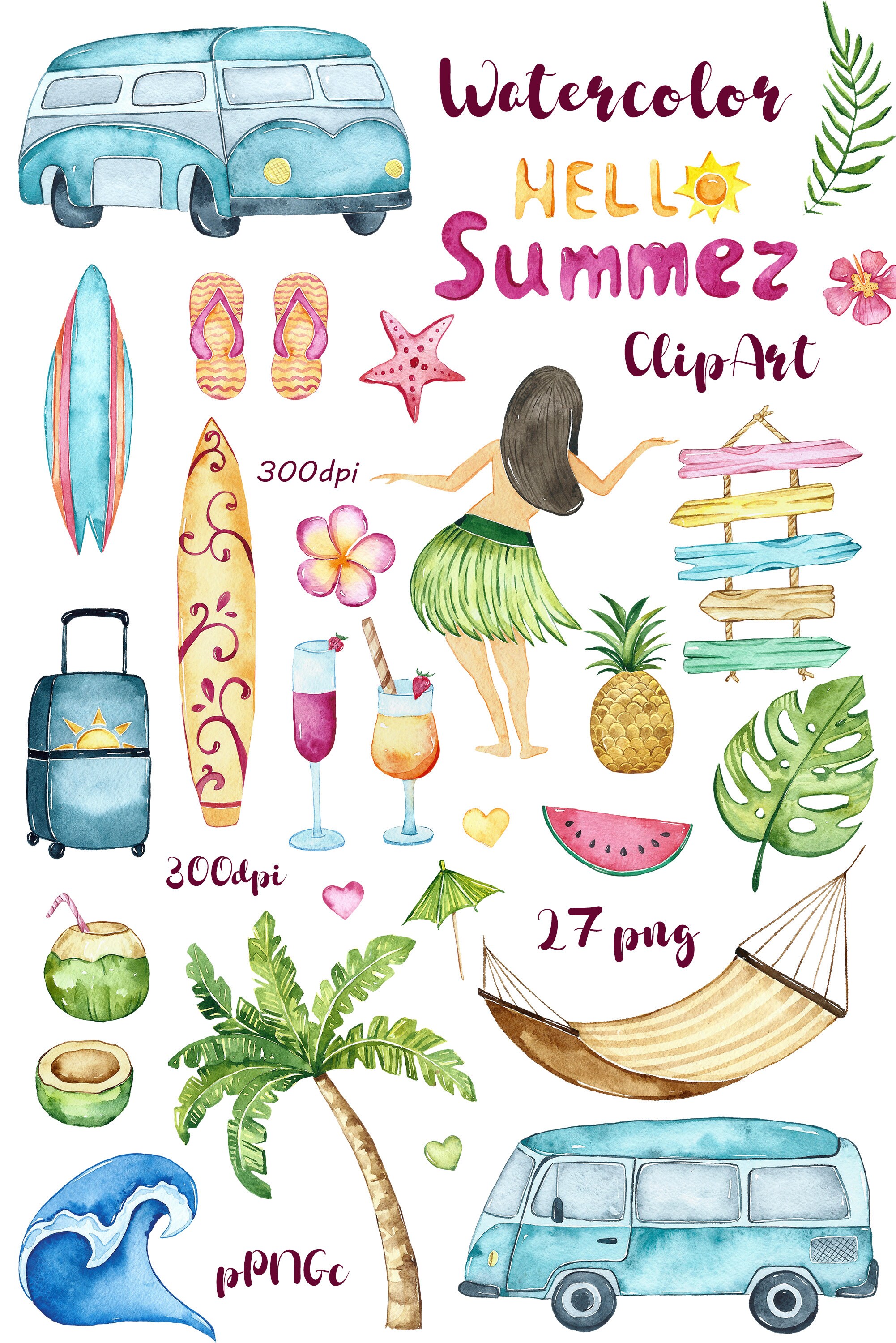 Watercolor Summer Clipart Beach Clipart Tropical Graphics - Etsy