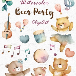 Watercolor Dancing Bears and Musical Clipart Perfect for Music Lovers ...