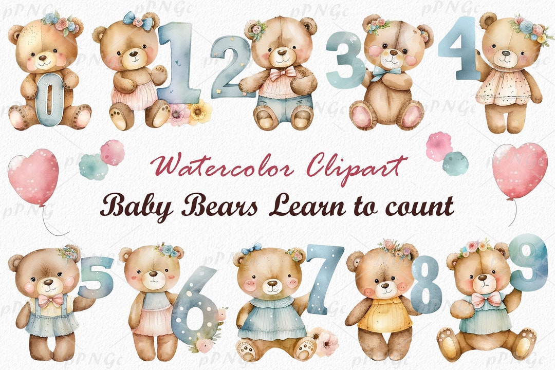 Watercolor Teddy Bear Numbers Clipart: 0-9 Learning Set (digital ...