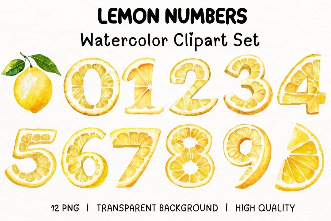 Lemon Numbers Clipart: Watercolor Fruit PNG Set (digital Download) - Etsy