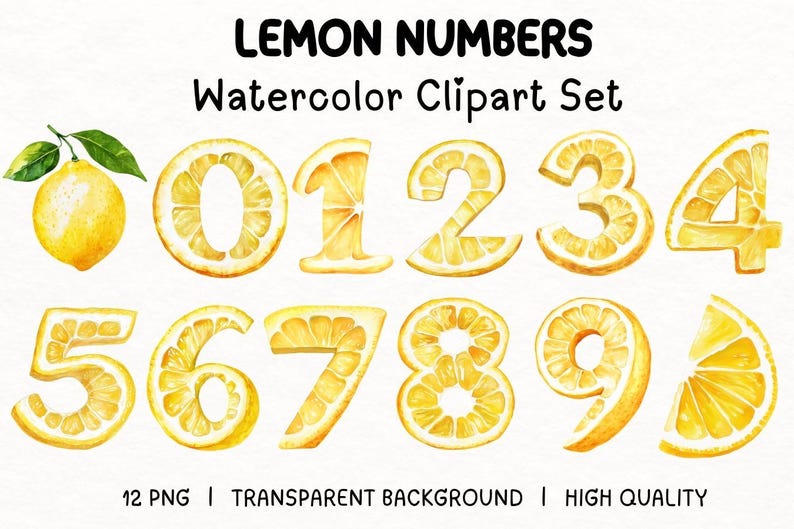 Lemon Numbers Clipart: Watercolor Fruit PNG Set (digital Download) - Etsy