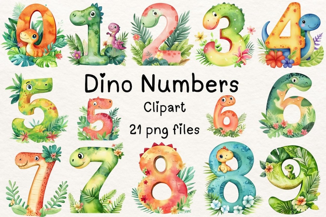 Dino Numbers Clipart: Watercolor Dinosaur Stickers (21 PNG Files) - Etsy