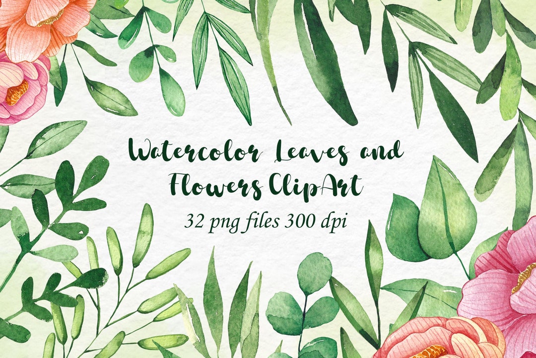 Watercolor Floral Clipart: Handpainted Leaves & Flowers (32 PNG) - Etsy