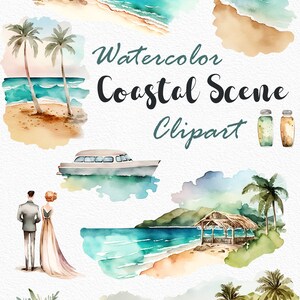 Watercolor Coastal Scene Clipart, Paradise Beaches, PNG Files, Tropical ...