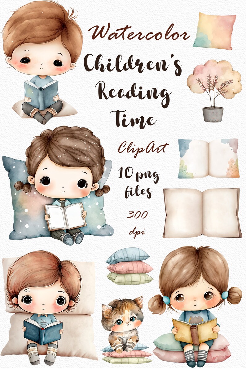 Watercolor Clipart of Kids Reading on Pillows Perfect for - Etsy