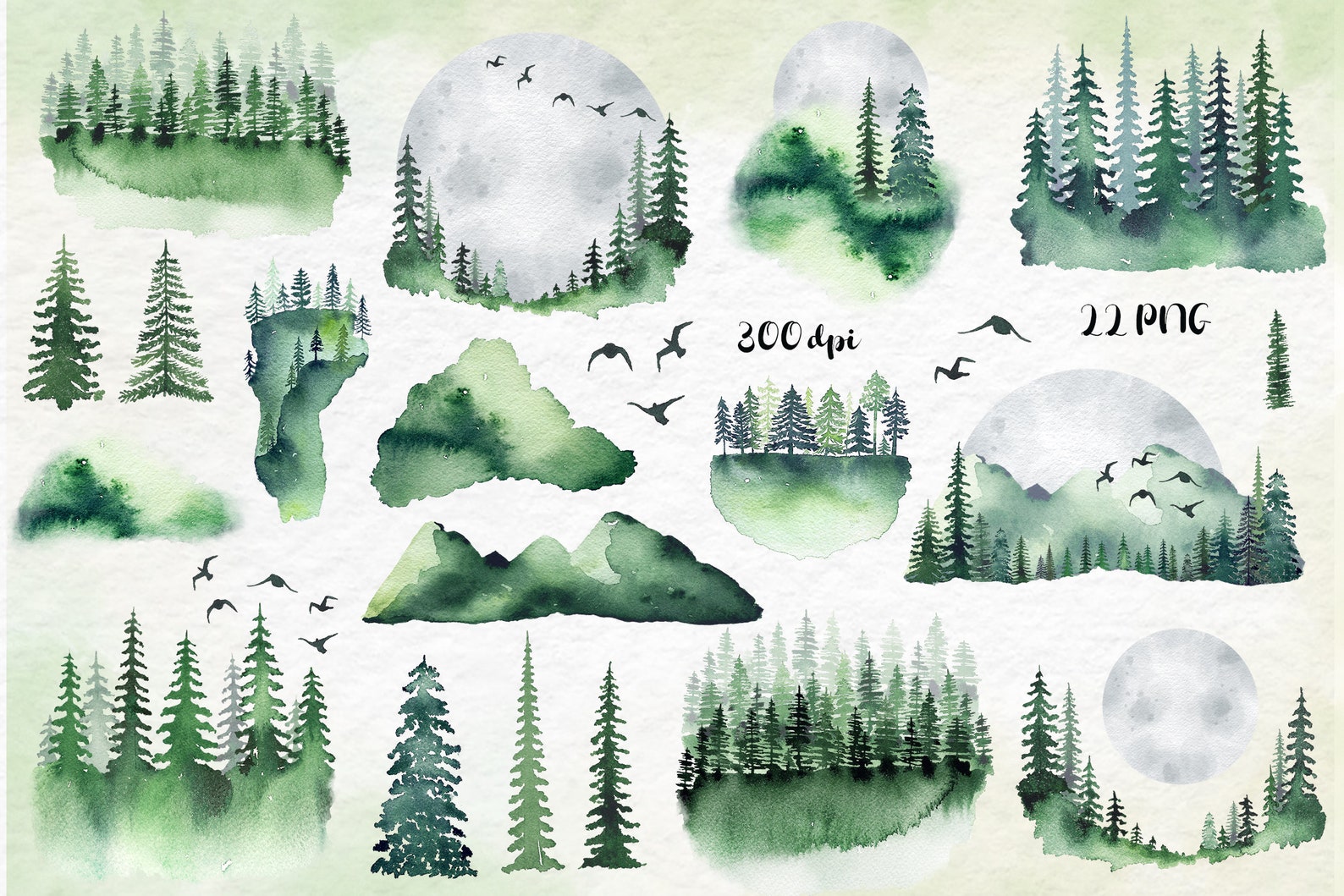 Watercolor Forest Clipart Landscapes Individual PNG Files - Etsy