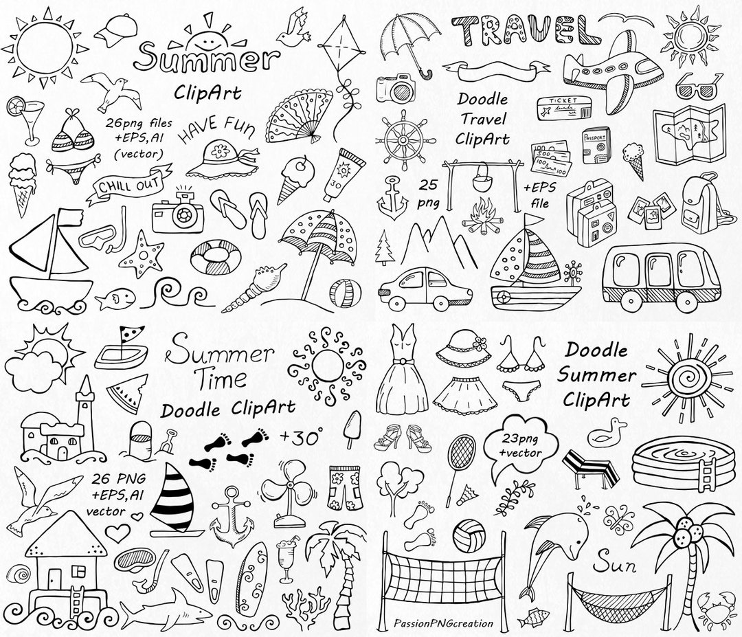 BIG SET of Doodle Summer Cliparts, Hand Drawn Vacation Clipart, Digital ...