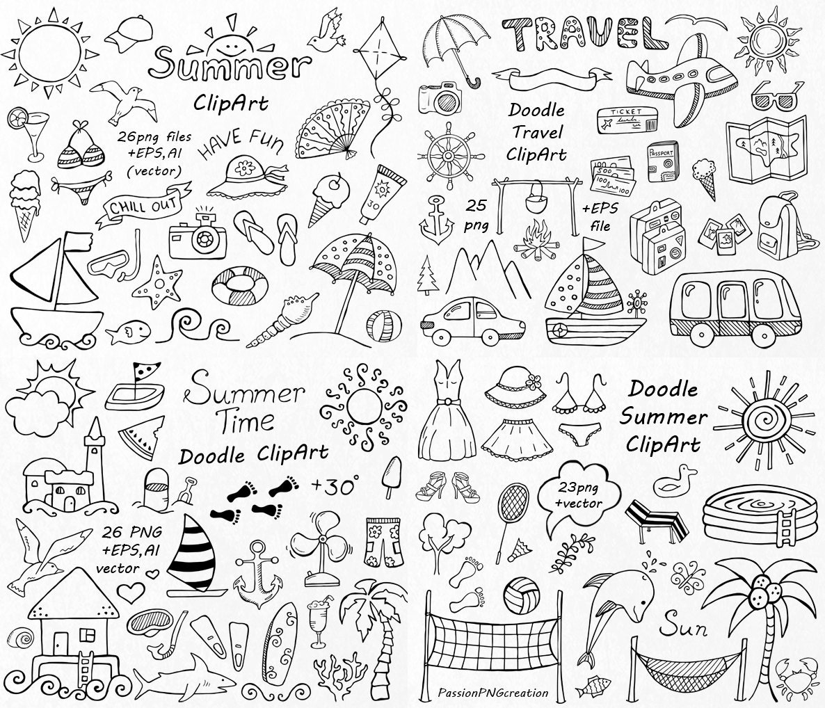 BIG SET of Doodle Summer Cliparts Hand Drawn Vacation - Etsy